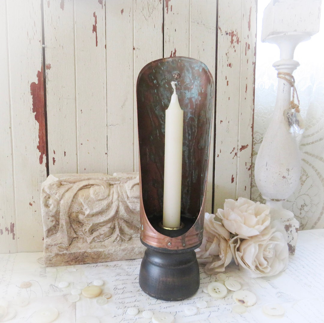 Vintage Copper and Wood Primitive Chamber Candle Holder Sconce With ...