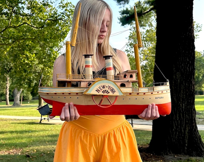 Vintage Tin Toy, LARGE Steam Boat, Metal Ship, Vintage Toys, Rustic ...