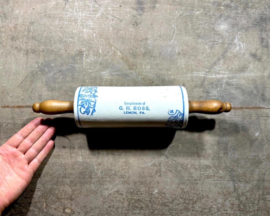 Antique Stoneware Rolling Pin Advertising G. H. ROSS Lemon Pennsylvania ...