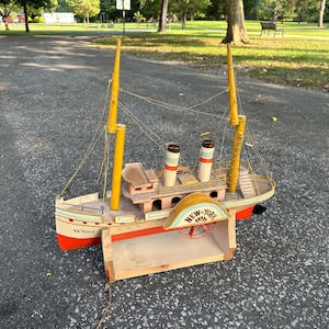Vintage Tin Toy, LARGE Steam Boat, Metal Ship, Vintage Toys, Rustic ...