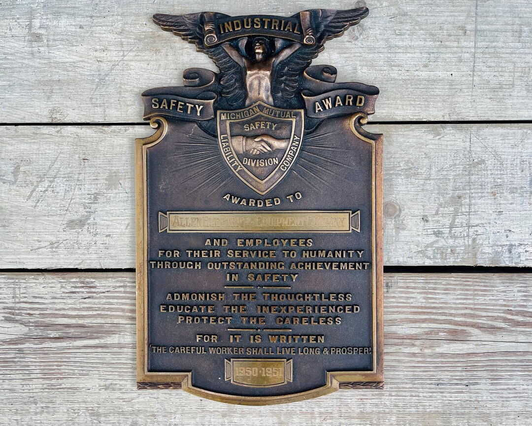 Vintage Bronze Industrial Safety Award Plaque - Allen Electric ...