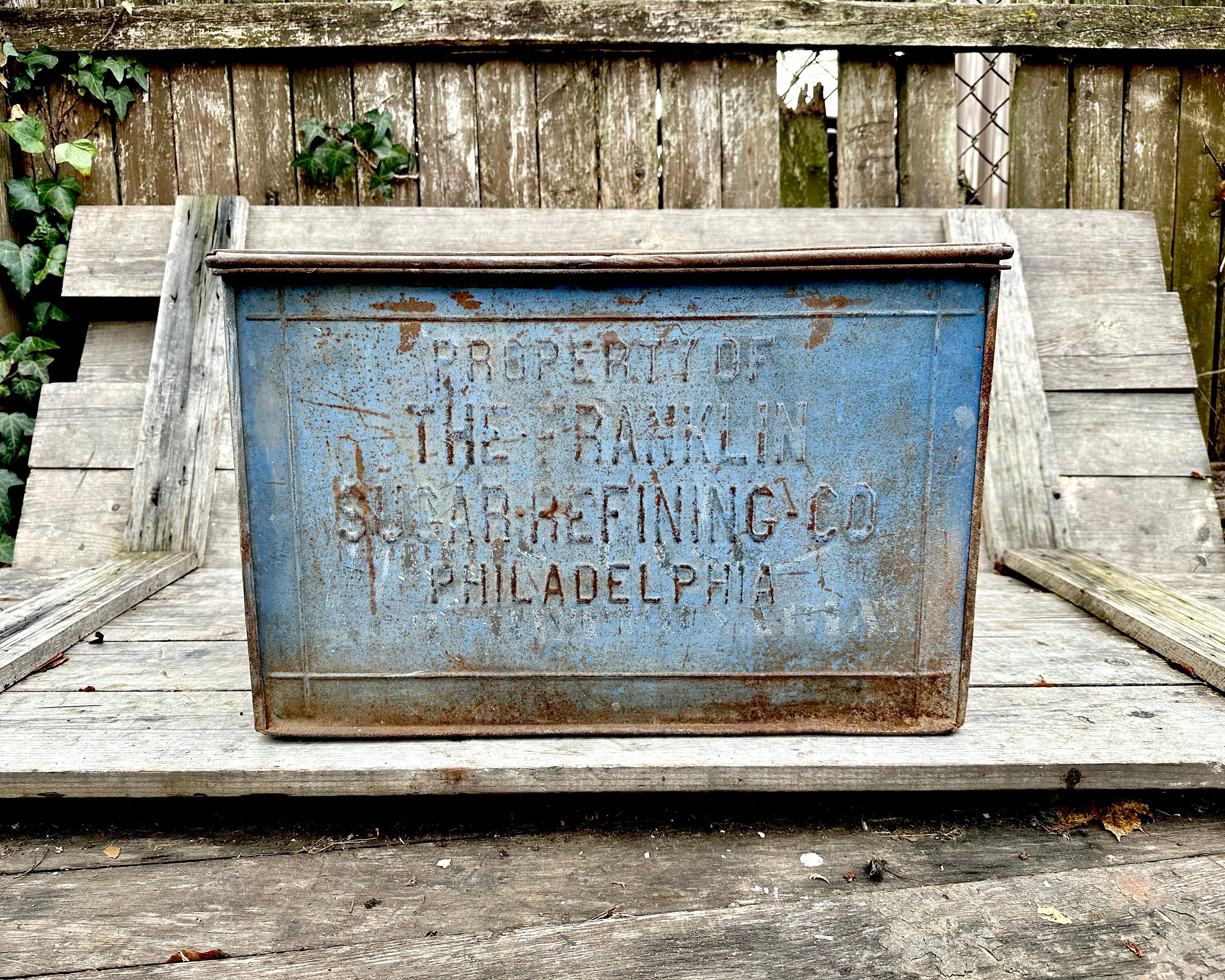 Vintage Franklin Sugar Co. Metal Crate: Rustic Blue Advertising Storage ...