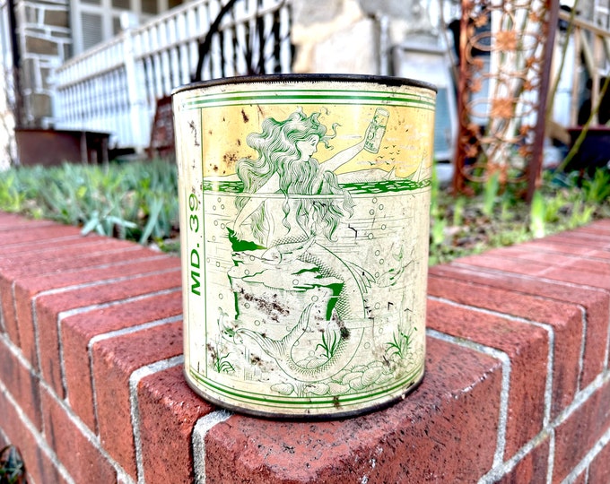 Antique Oyster Tin Can: Mermaid & Ship Graphic, Baltimore MD Nautical ...