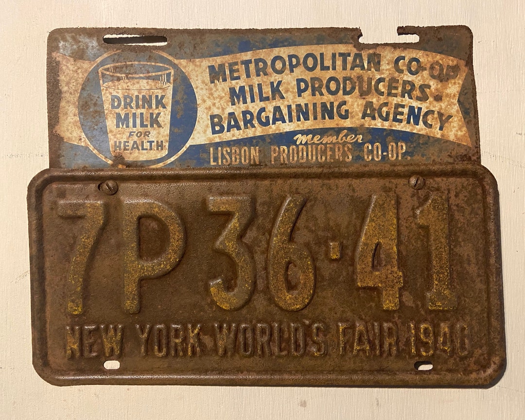 DRINK MILK License Plate Topper on 1940 New York Worlds Fair License ...
