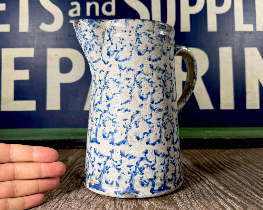 Antique Spongeware Milk Pitcher, Blue Decoration, 19th Century ...