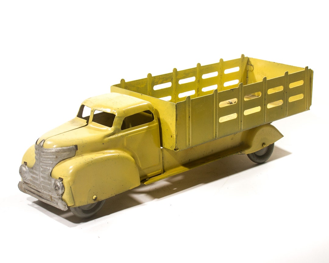 Vintage 1930s Pressed Steel Stake Truck: Yellow Metal Toy Farm Pickup ...