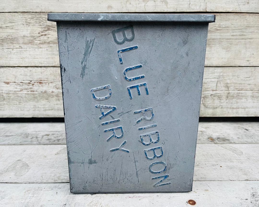 Blue Ribbon Dairy Milk Box, Antique Galvanized Milk Box Cooler, Front ...