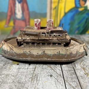 Antique Tin Toy Steam Boat: Rustic Metal Ship Decor - Etsy