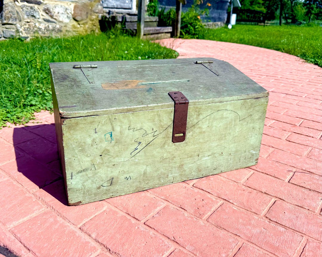 Large Antique Wooden Ballot Box, Slant Top Chest, GRUNGY GREEN PAINT ...