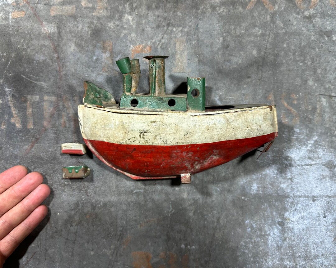 Antique Tin Toy Boat With Lifeboats, Steam Boat, Metal Ship, EARLY ...