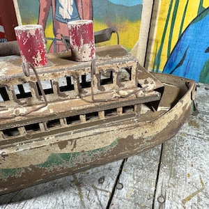 Antique Tin Toy Steam Boat: Rustic Metal Ship Decor - Etsy