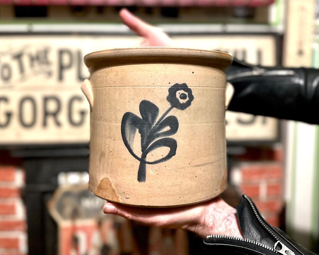 Antique Crock Stoneware Crock With Blue Flower, Primitive Decorated ...