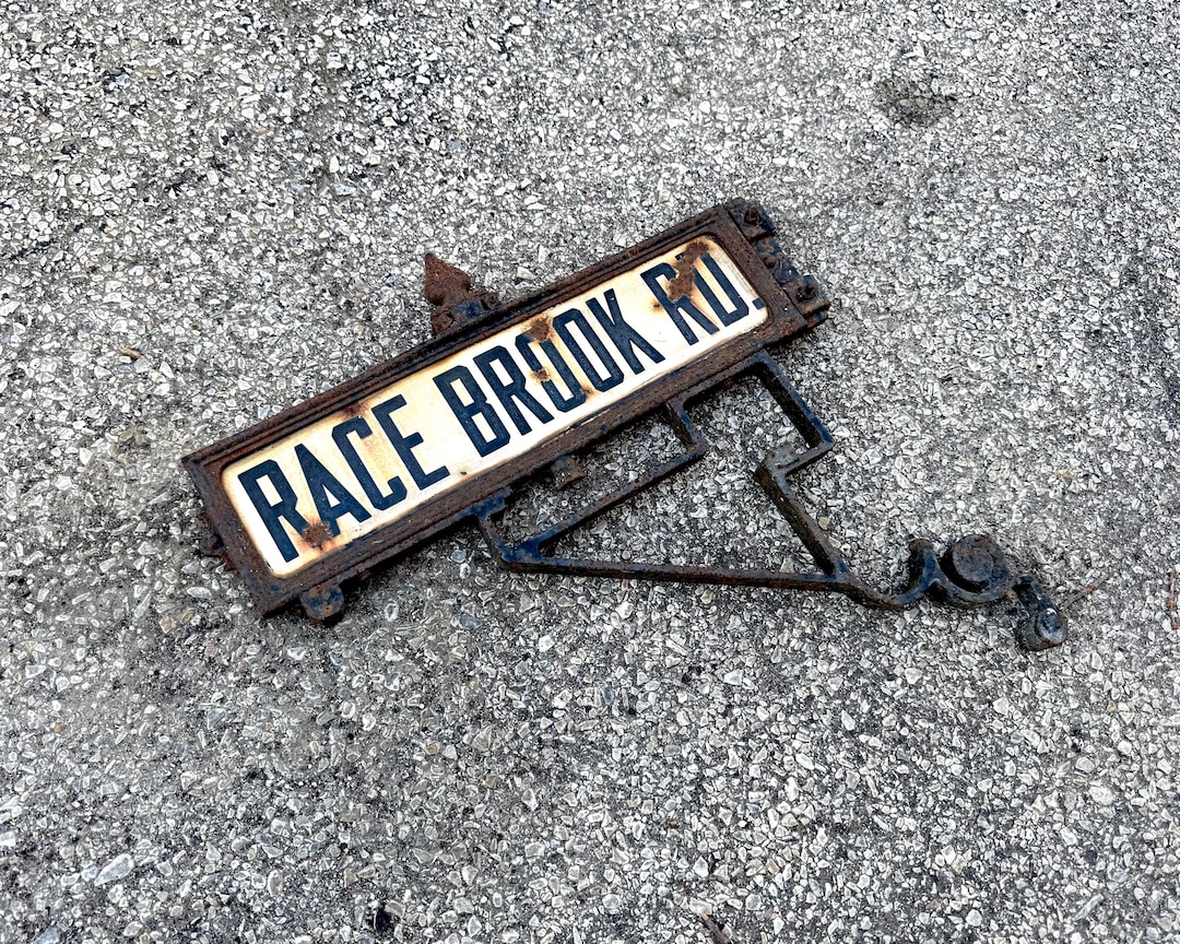 Vintage Porcelain Street Sign With Ornate Iron Bracket, RACE BROOK ROAD ...