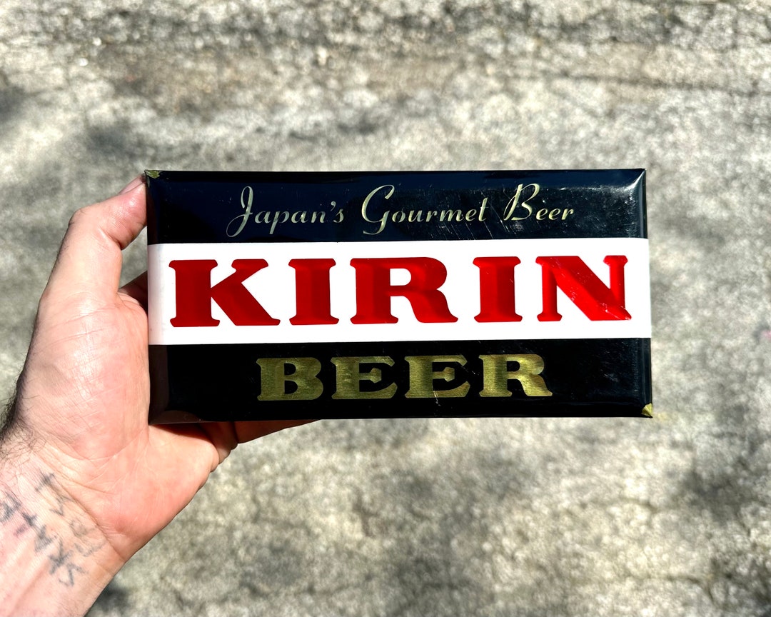 Vintage Japanese Beer Sign KIRIN BEER, Celluloid Over Tin Easel Back Counter Top Store Display ...