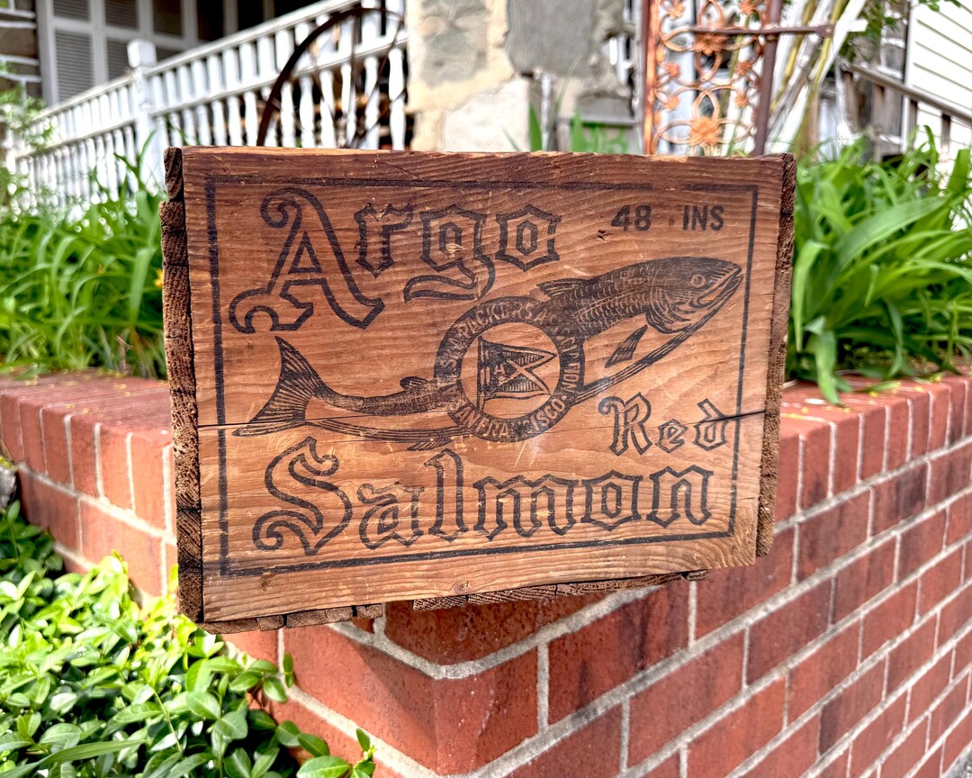 Antique Salmon Crate Sign, Argo Brand Red Salmon, ALASKA, San Francisco ...