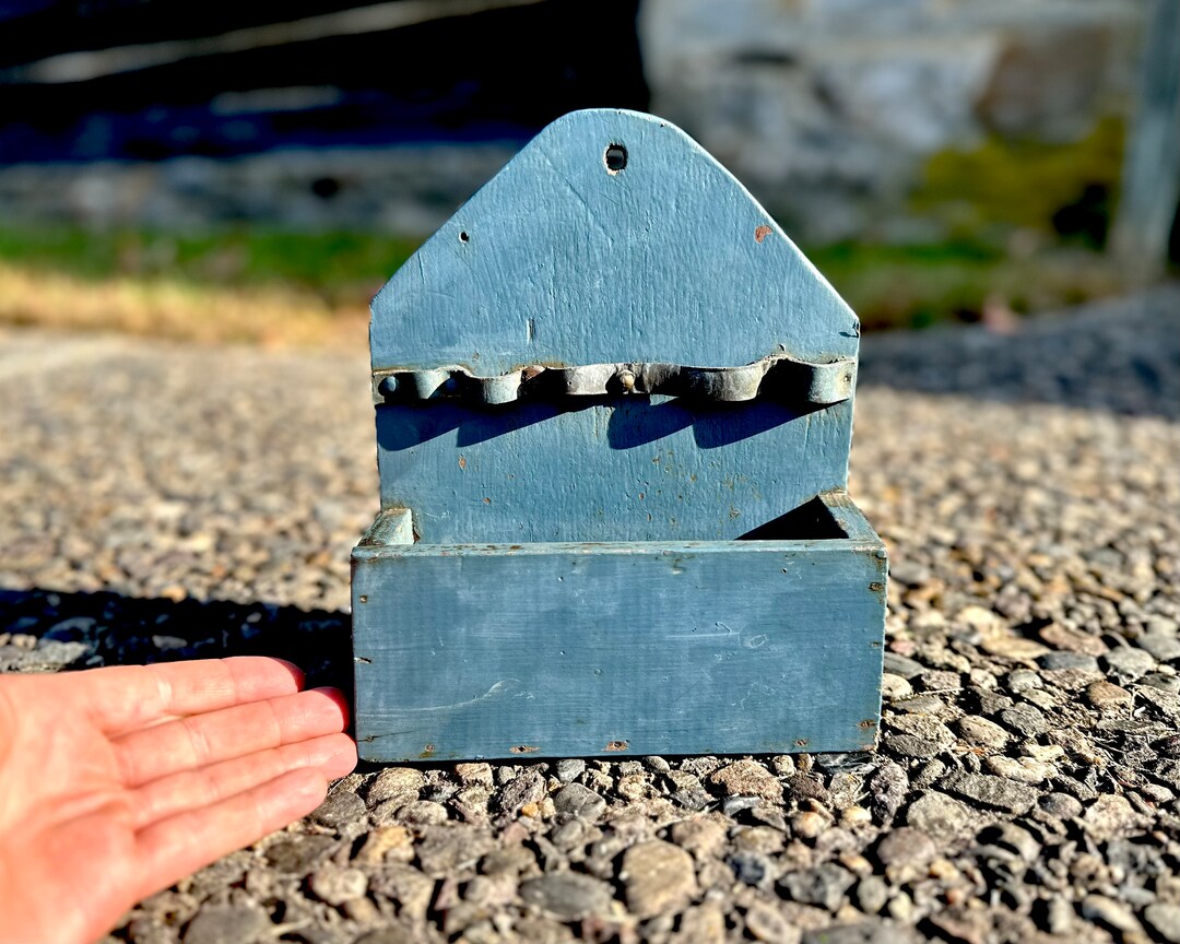 Antique Wooden Wall Pocket Box OLD BLUE PAINT Primitive Shelf Mail ...