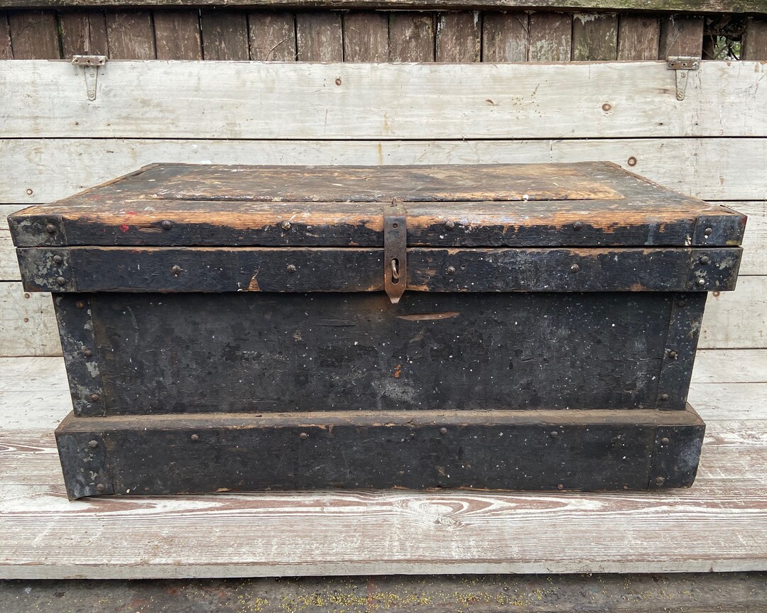 LARGE Antique Wooden Trunk Strong Box Bullion Box Gang Box Latch ...