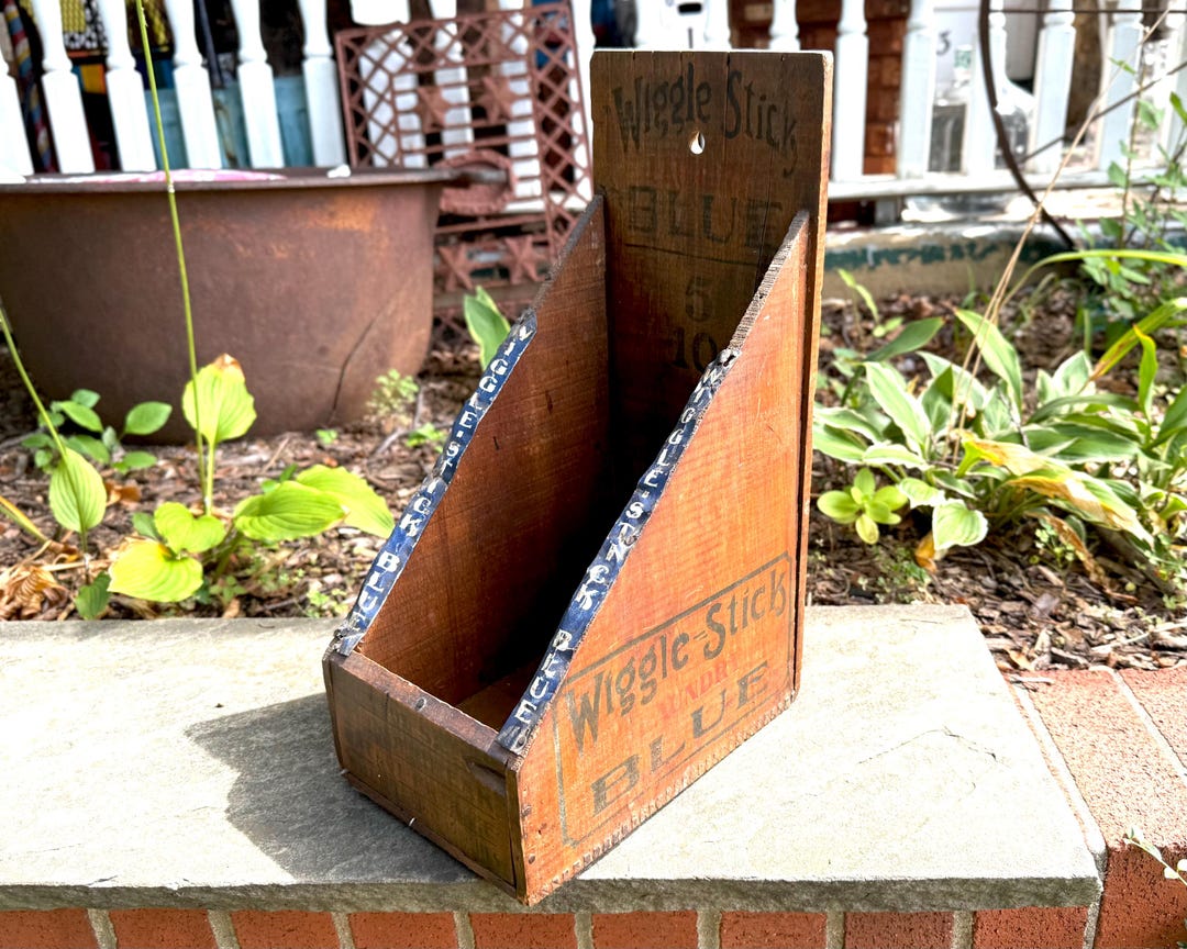 Antique Wooden Store Display Box: Wiggle Stick Blue Tin Sign, Chicago ...