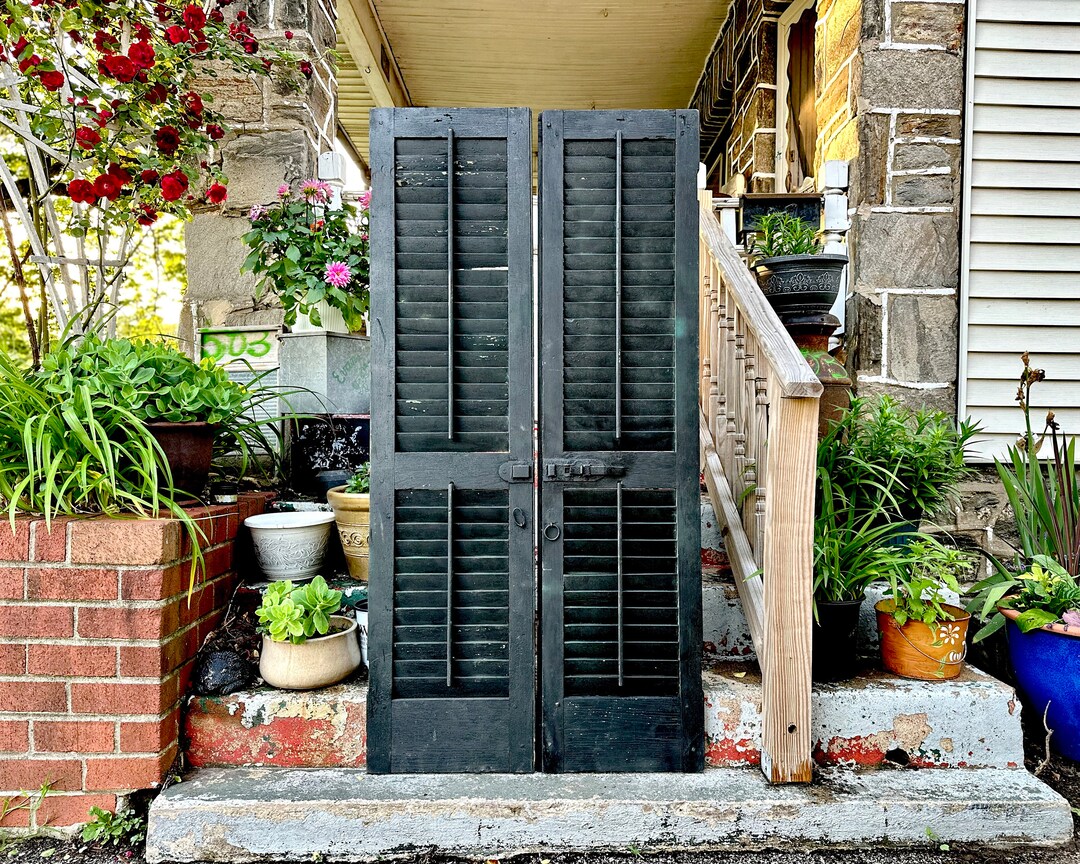 Antique Shutters, Wooden Louvered Shutter Doors, BLACK PAINT, Room Divider Separator, Shutters ...