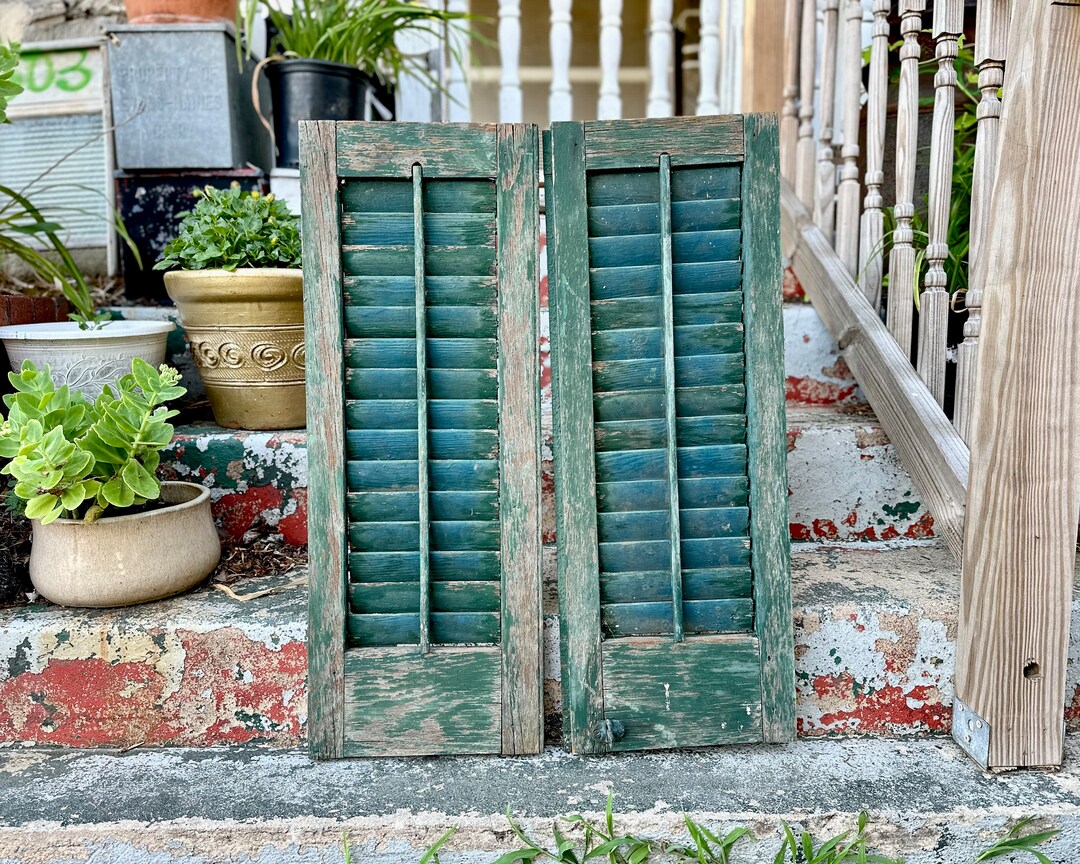Small Antique Shutters Vintage Pair of Shutters Rustic GREEN PAINTED ...