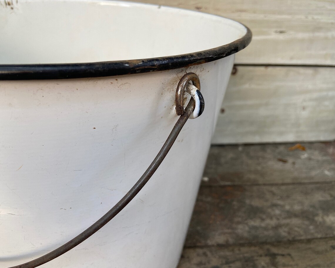Porcelain Metal Bucket With Handle Wash Pot Planter Vintage | Etsy