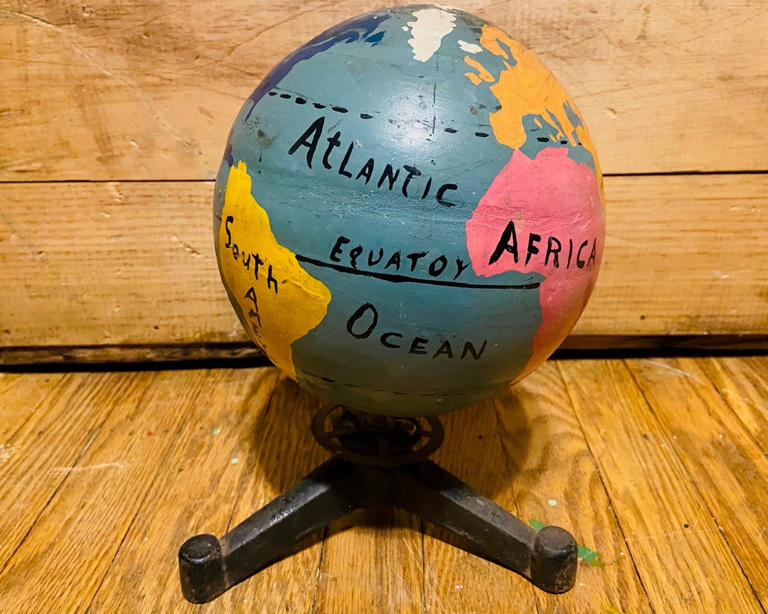 AAFA Painted Wooden World Globe, Carved Wood Globe With Cast Iron Base ...