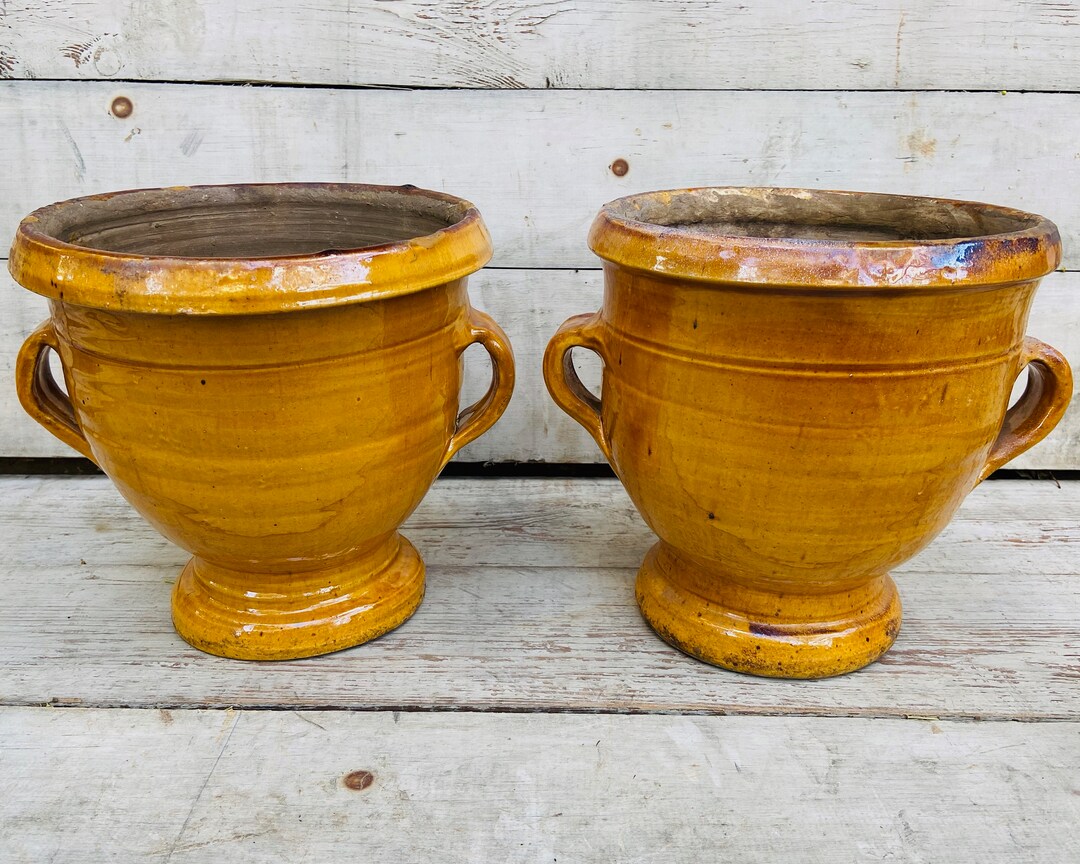 Antique French Ochre Pots, Stoneware Planters, Large Urns, Mustard ...
