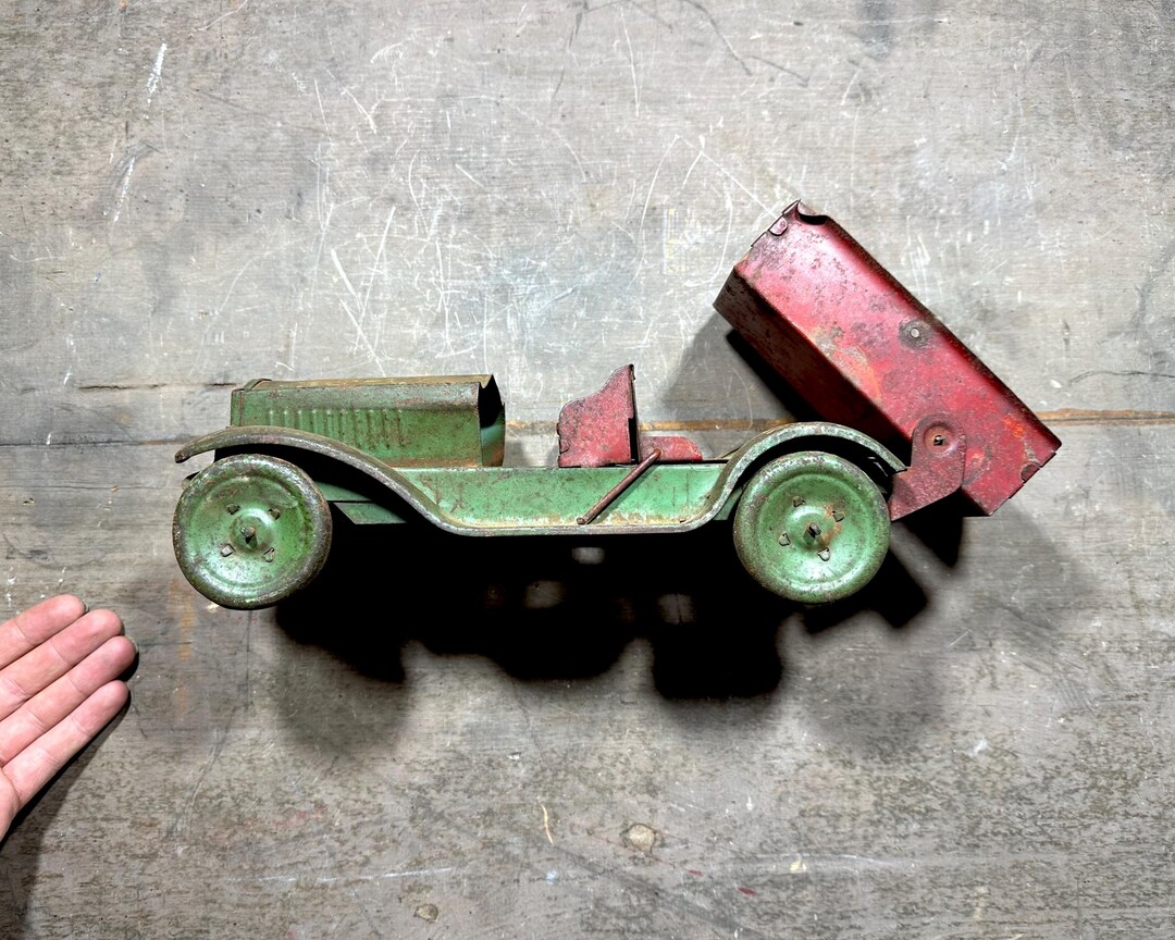 Antique Toy Dump Truck, Early Pressed Steel Truck, Green Grungy Old ...