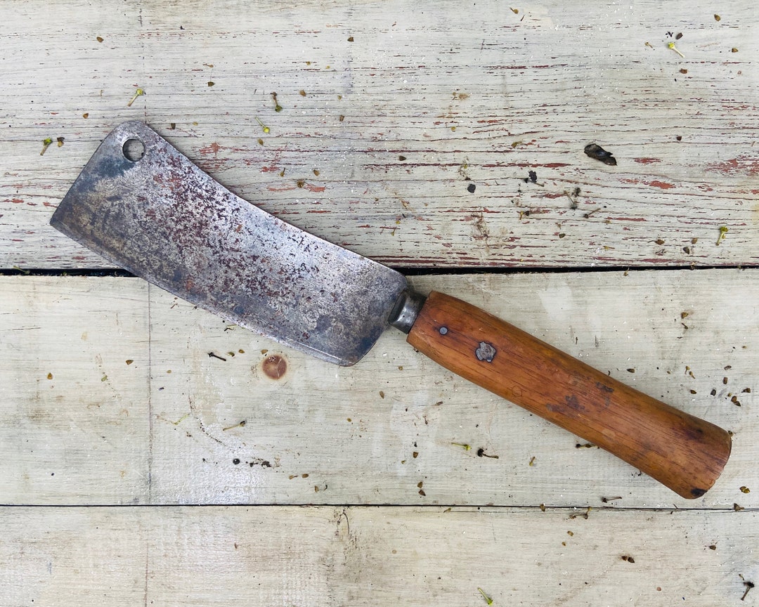 Antique Butchers Knife Meat Cleaver Metal Wooden Handle Chefs Knife ...