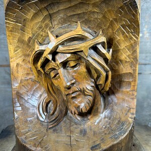 Folk Art Carved Wooden Jesus Face, Large Wood Log Carving, Figural ...