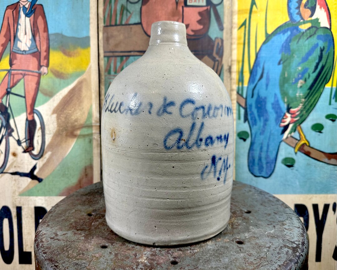 Antique Albany NY Stoneware Jug: Blucker Script, Primitive Americana ...
