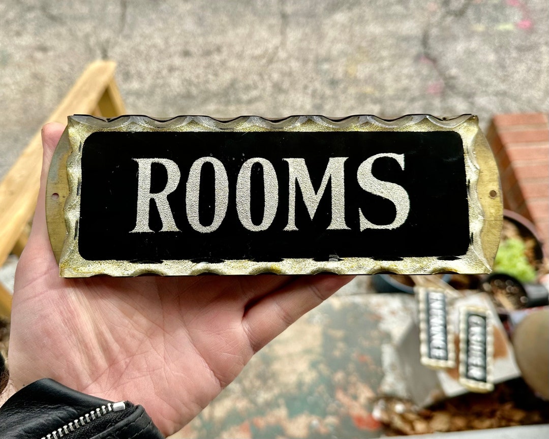 Antique ROOMS Sign, Reverse Glass Sign With Scalloped Edges, Industrial ...