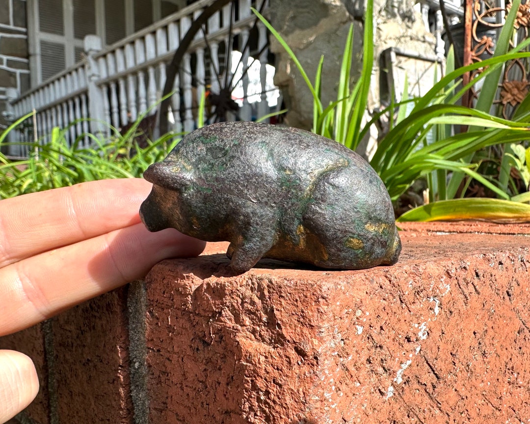 Antique Cast Iron Pig Paperweight in the Best Old Gold & Green Paint ...