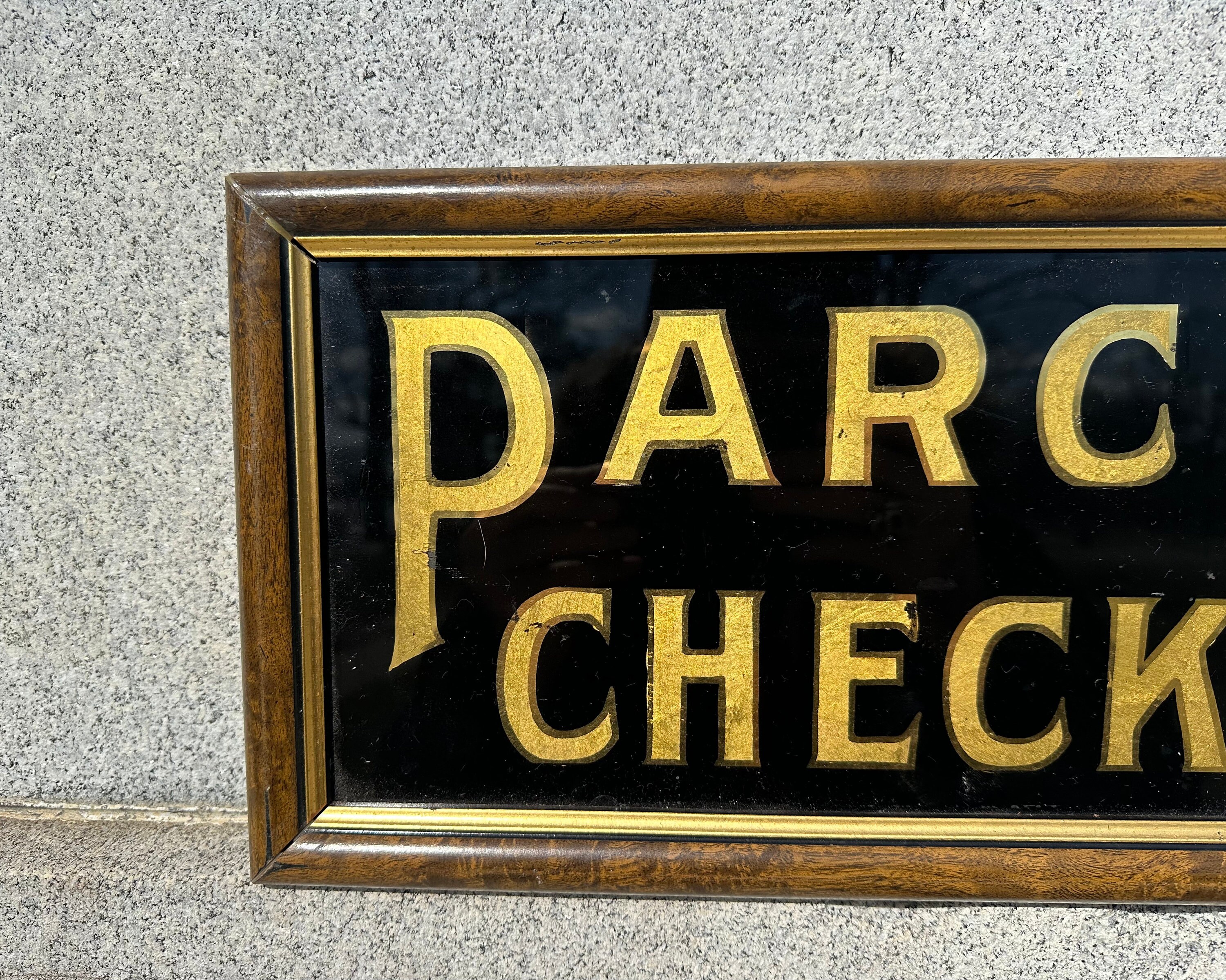 Antique Reverse Painted Glass Sign: Parcels Checked, Gold Leaf Finger ...