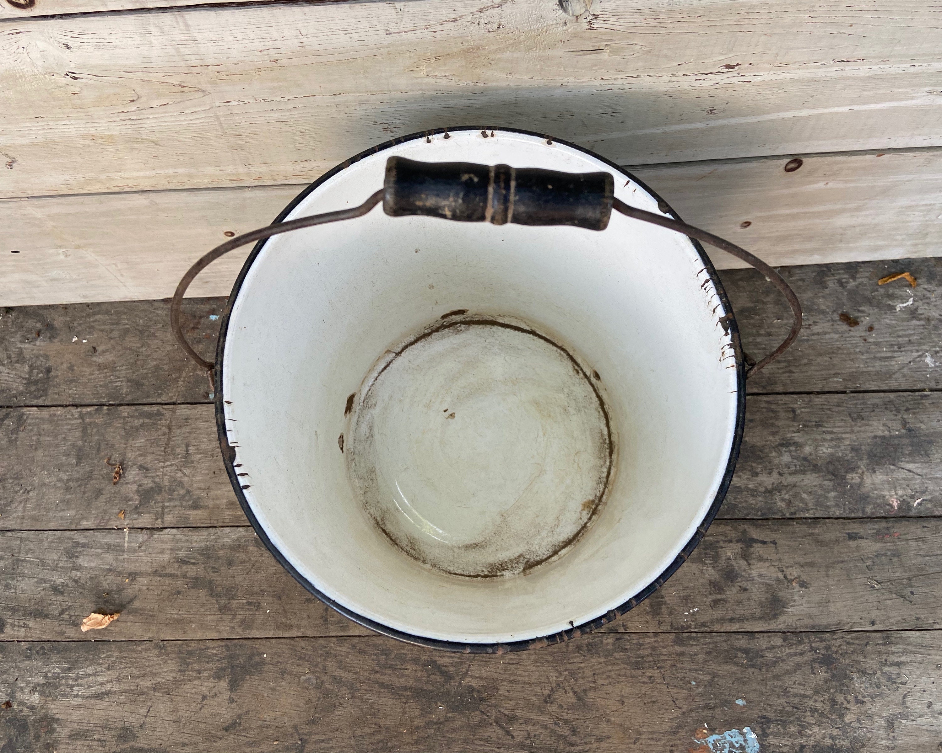 Porcelain Metal Bucket With Handle Wash Pot Planter Vintage | Etsy