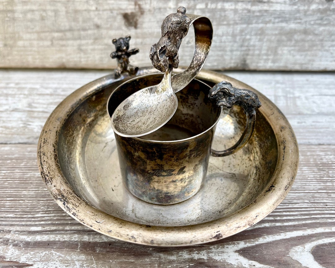 Antique Sterling Silver Baby Set Rabbit and Bear Cup Spoon and Bowl 13 ...