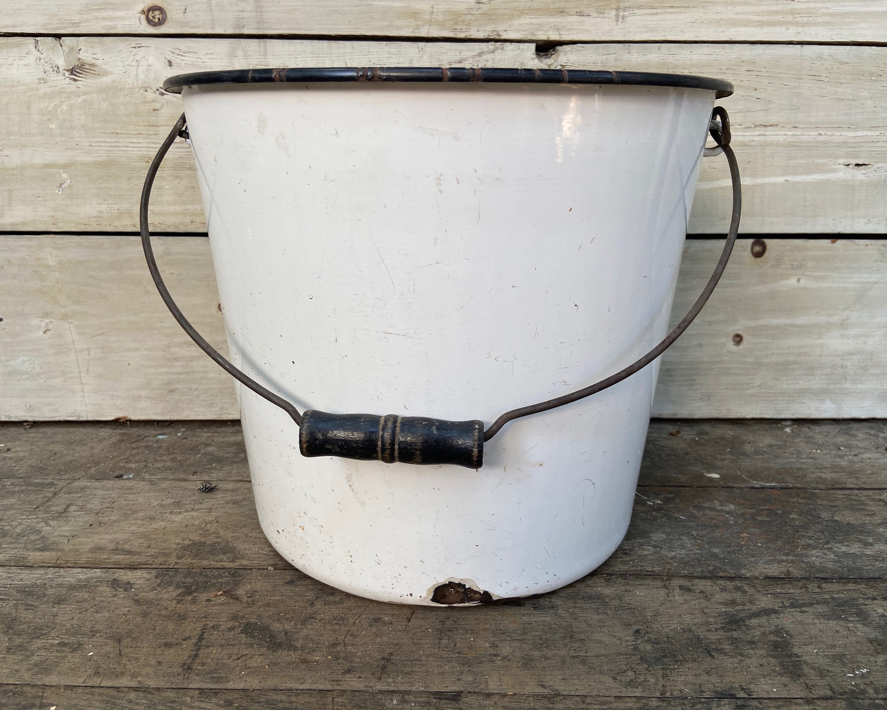 Porcelain Metal Bucket With Handle Wash Pot Planter Vintage | Etsy