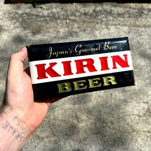 Vintage Japanese Beer Sign KIRIN BEER, Celluloid Over Tin Easel Back Counter Top Store Display ...
