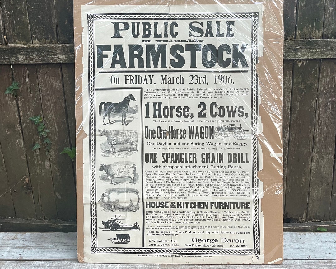 Antique Broadside Farm Sale Poster Conewago Township York Pennsylvania ...