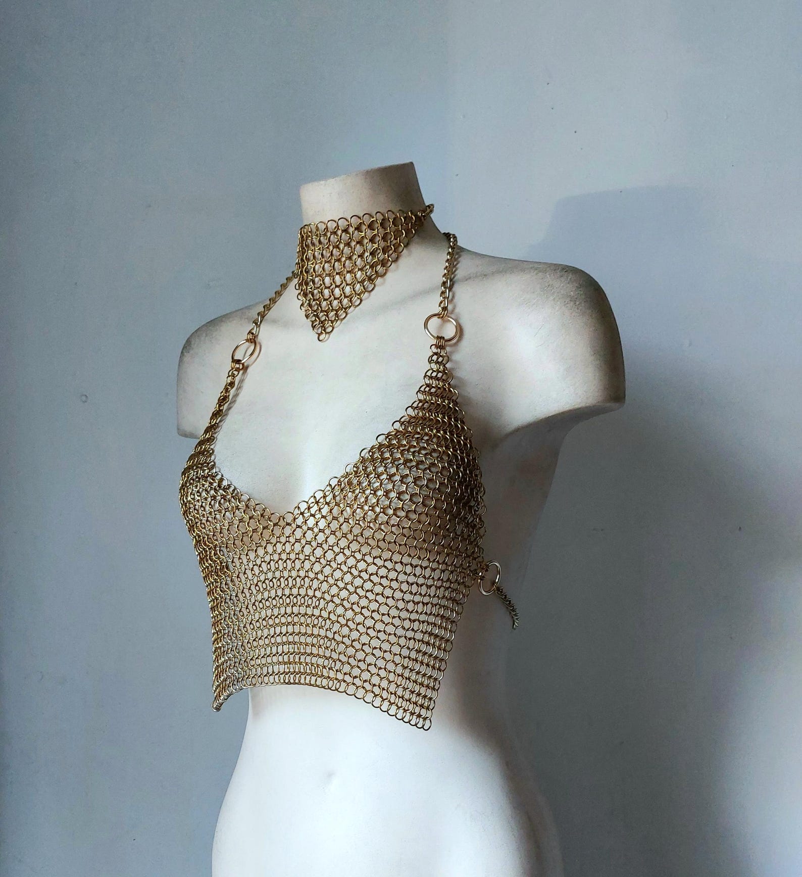 Cropped Gold Brass Halter Chainmail Harness Warrior Queen Festival Top ...
