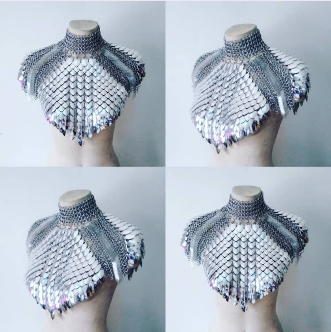 Silver Scalemail Chainmail Harness Shoulder Pauldrons Shroud Necklace ...
