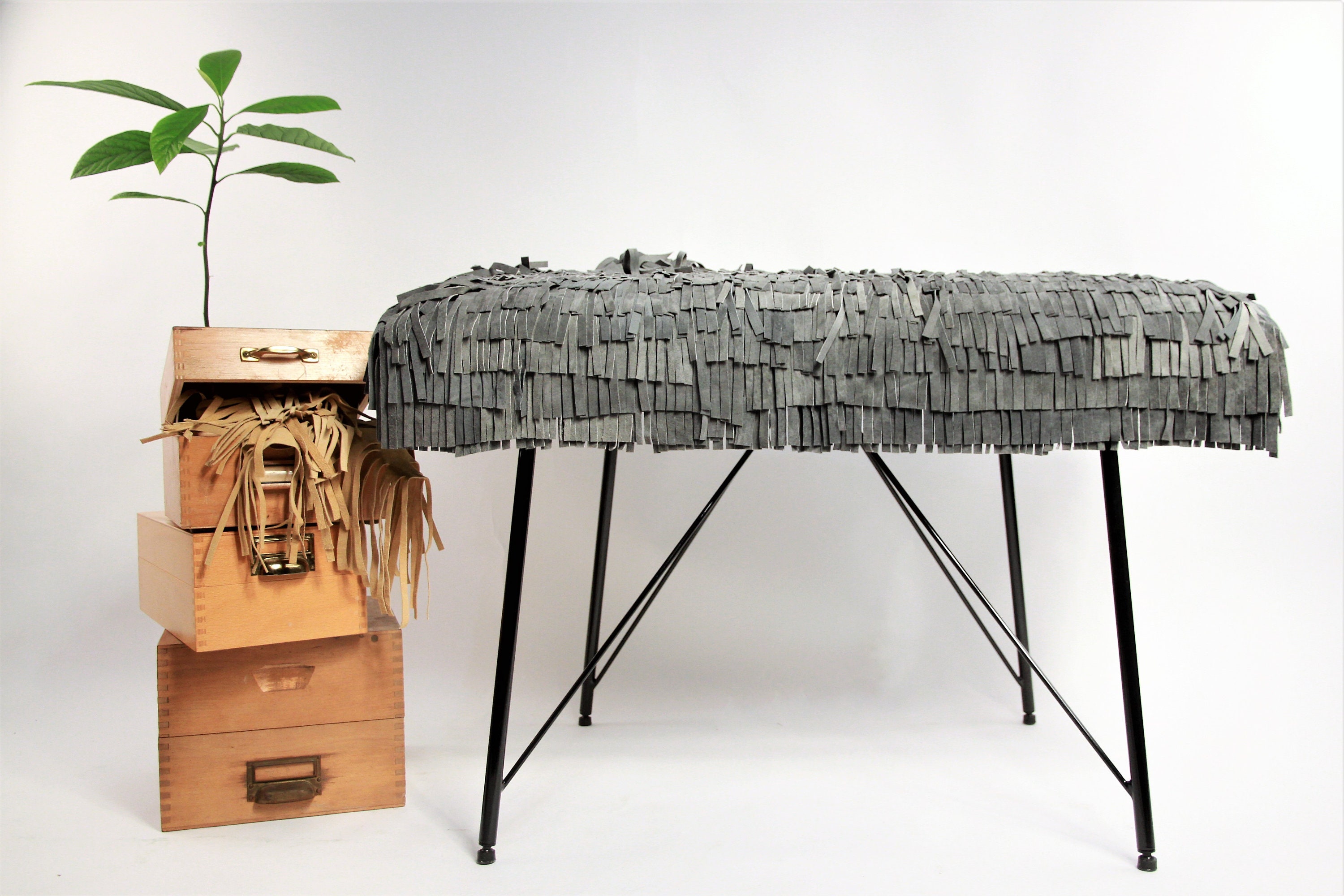 Gray Fringy Bench, Leather Fringe Bench Grey, Two Seater, Steel Frame ...