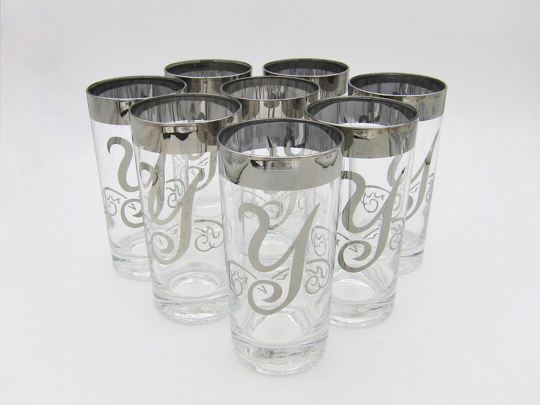 Vintage Highball Silver Rim Glassware Set With Y Monogram and Carrier ...