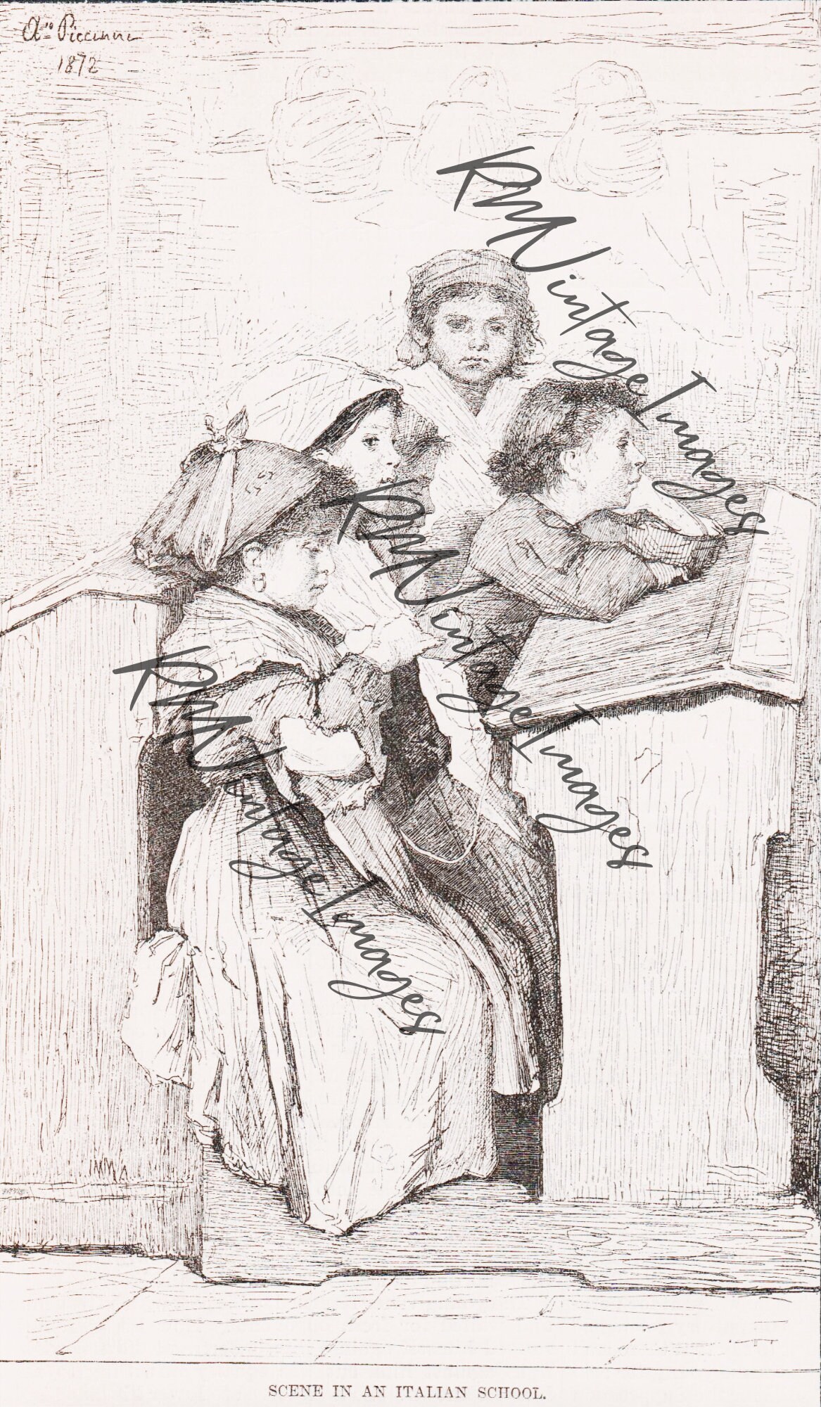 Italian School Children Kids Illustration Drawing Victorian Era ...