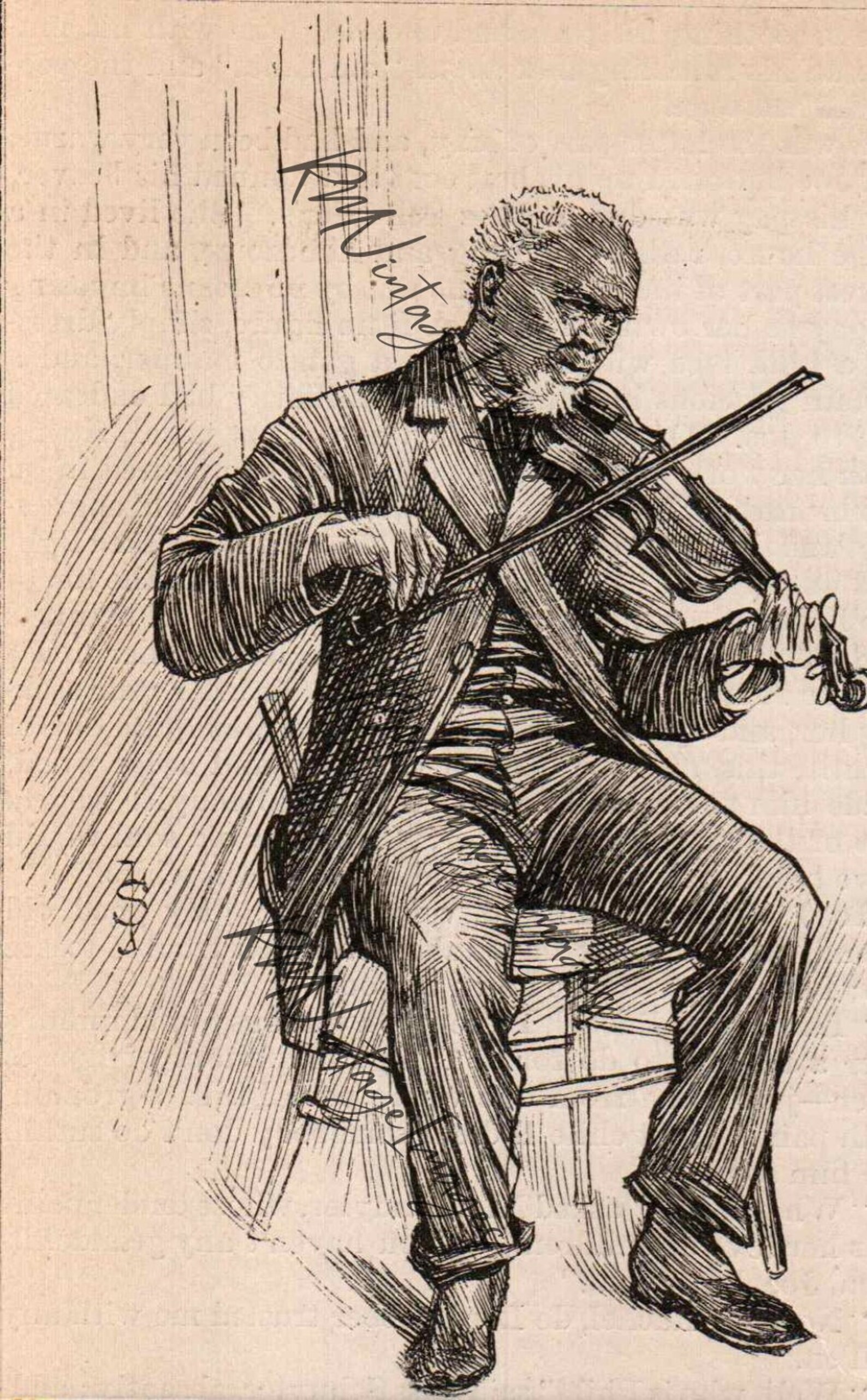Man Playing Violin Fiddler Black Americana Illustration Drawing ...