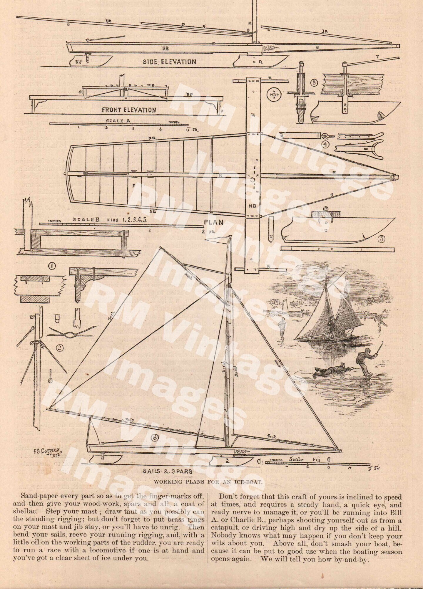 Ice Boat Diagram & Instructions to Build Victorian Era Magazine C. 1880 ...