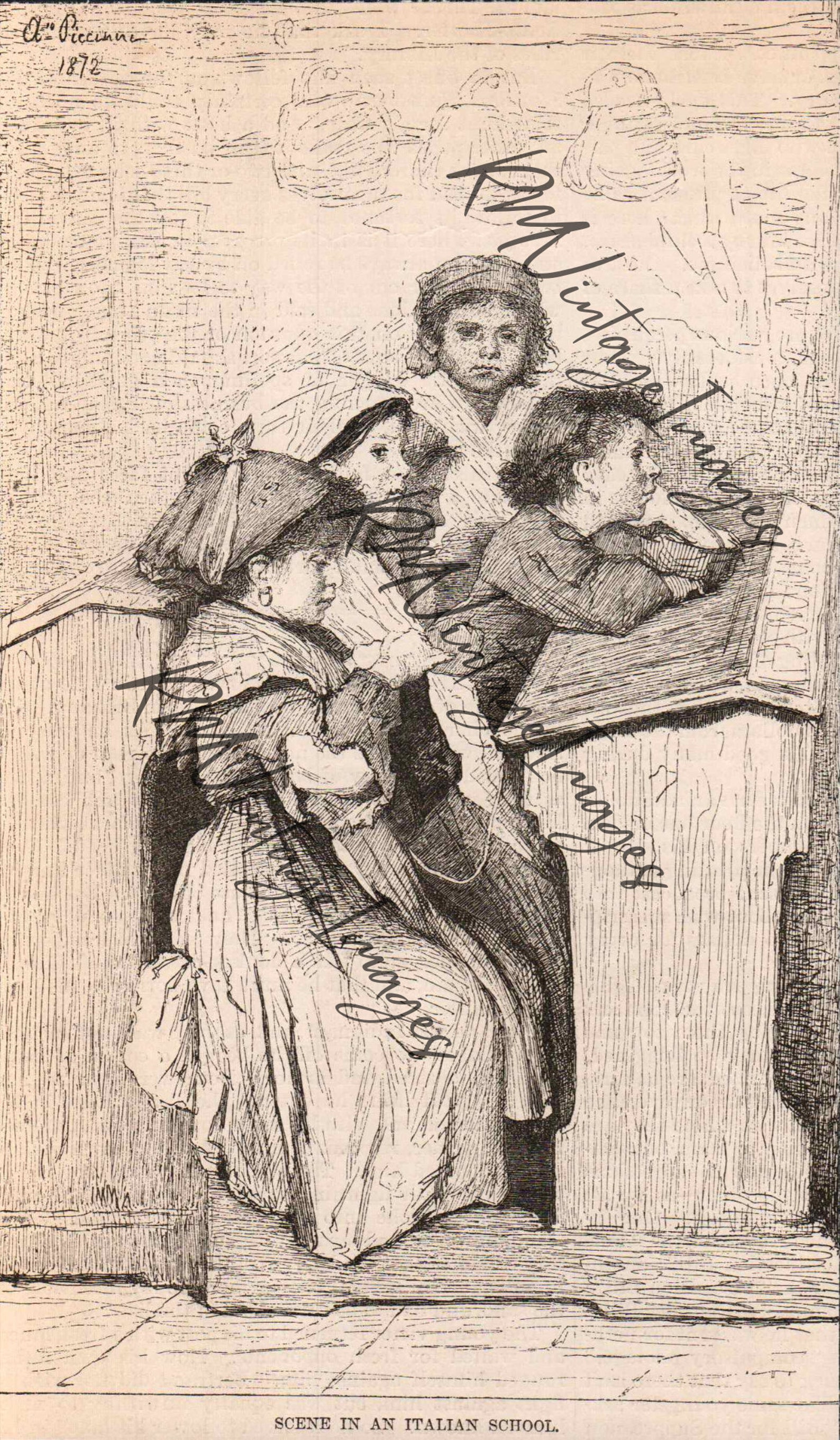 Italian School Children Kids Illustration Drawing Victorian Era ...