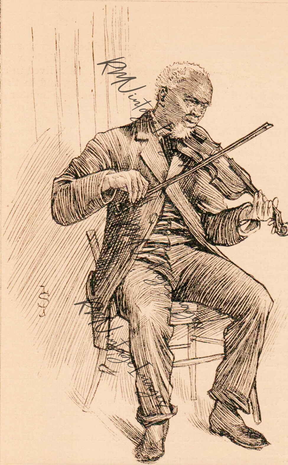 Man Playing Violin Fiddler Black Americana Illustration Drawing ...
