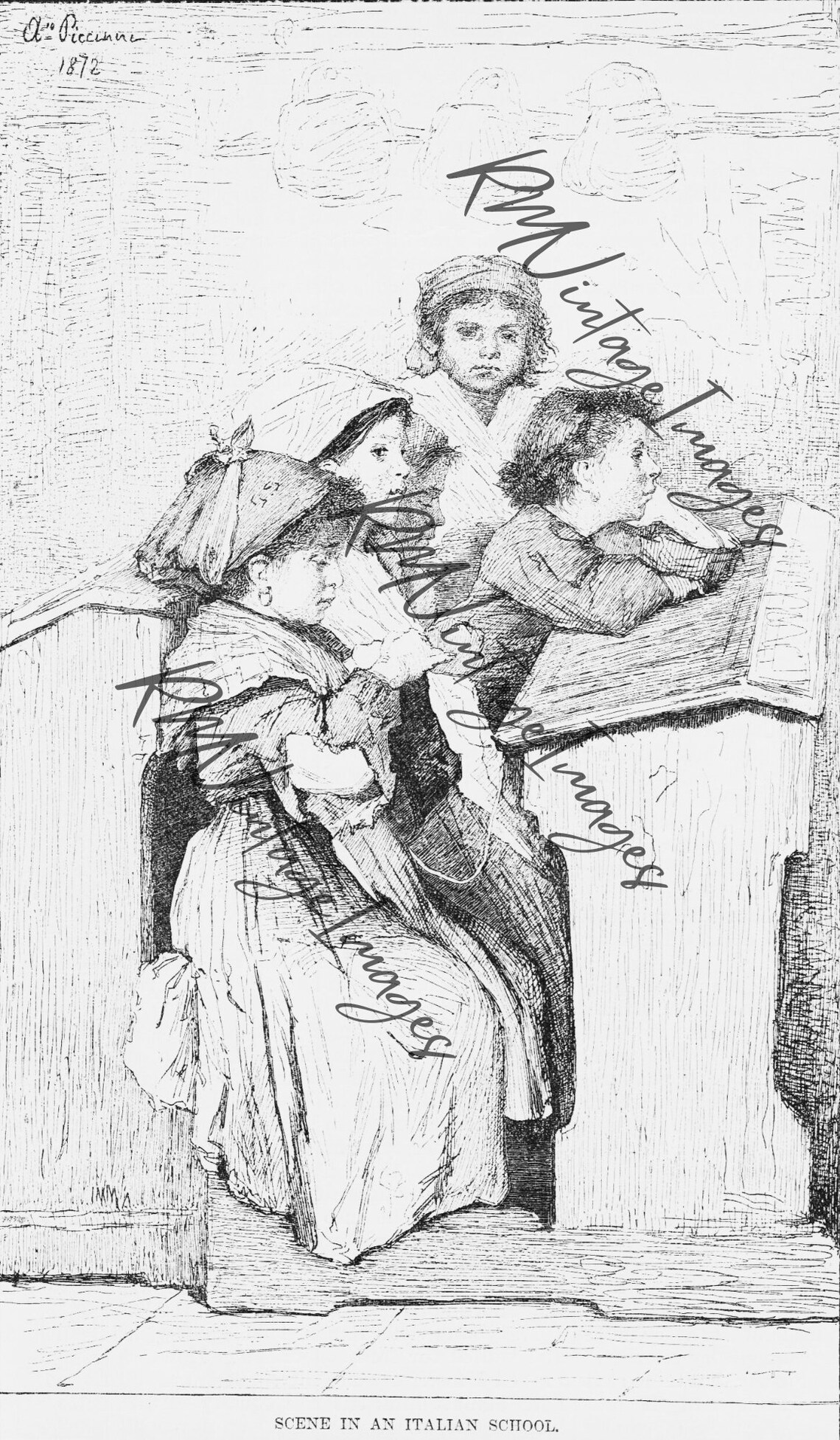 Italian School Children Kids Illustration Drawing Victorian Era ...