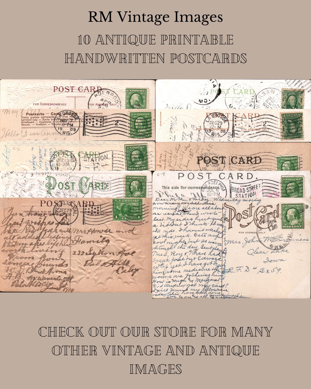 10 Antique Handwritten Postcard Back Images for Junk Journals ...